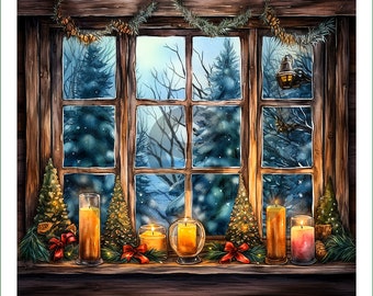 Fabric Panel - DI (191) - Rustic Country Christmas Window. for Sewing ...