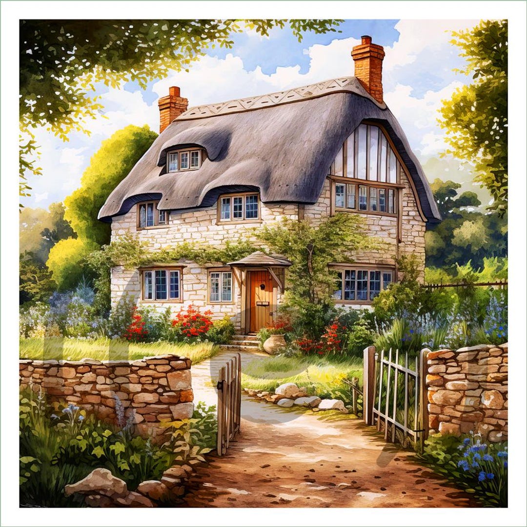 Fabric Panel - DI (341) - Cottage in Blooming Garden. for Sewing ...
