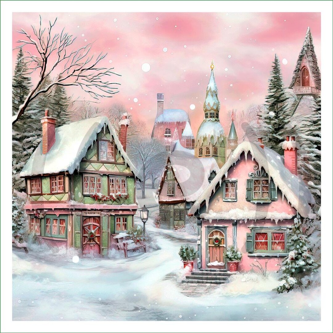 Fabric Panel - DI (117) - Pink Sage Snowy Christmas Town Scenery. for ...