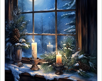 Fabric Panel - DI (191) - Rustic Country Christmas Window. for Sewing ...