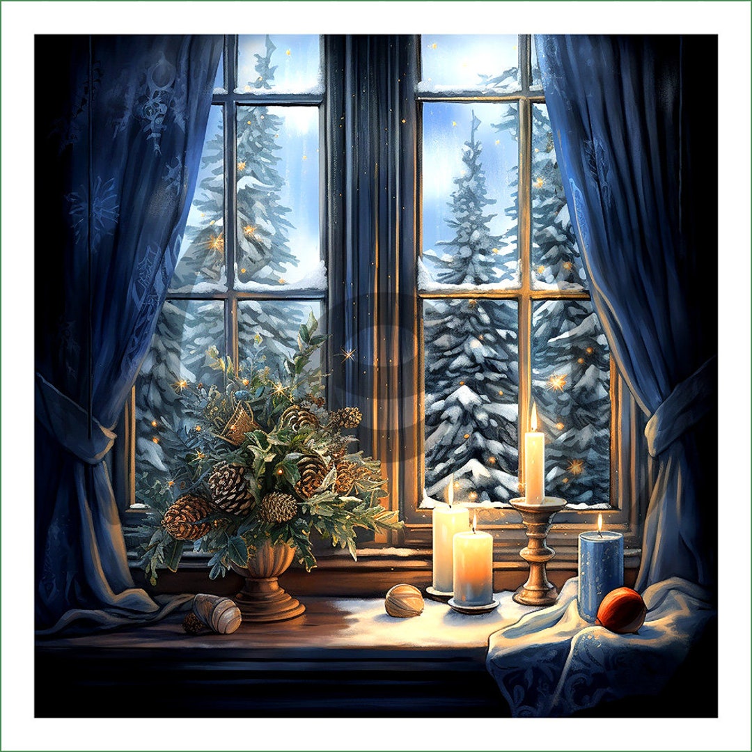 Fabric Panel - DI (72) - Blue and Green Winter Window. for Sewing ...