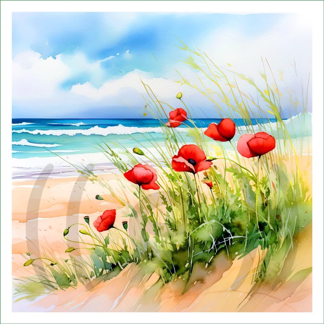 Fabric Panel - DI (407) - Red Poppies by the Coast. for Sewing ...