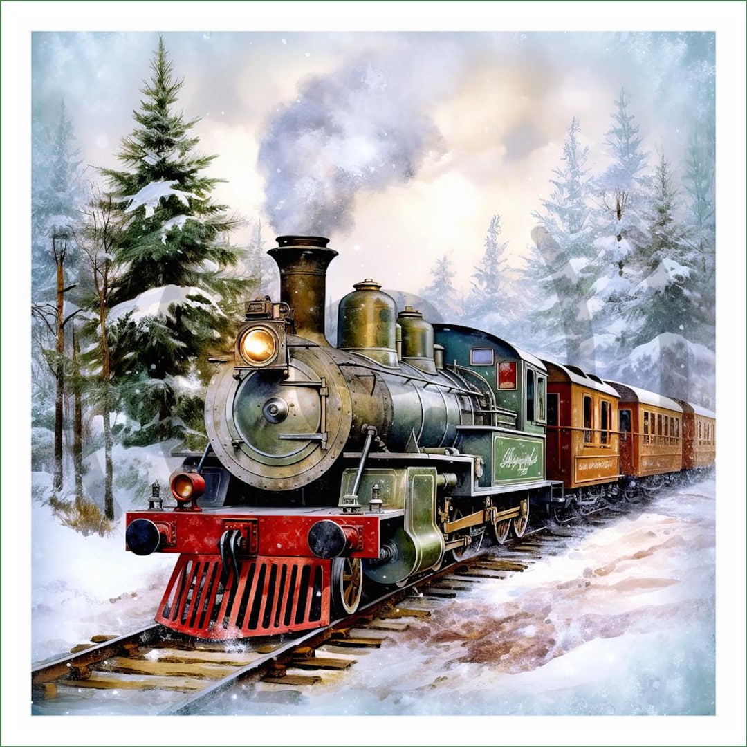 Fabric Panel - DI (239) - Vintage Christmas Train Leaving Snowy Town ...