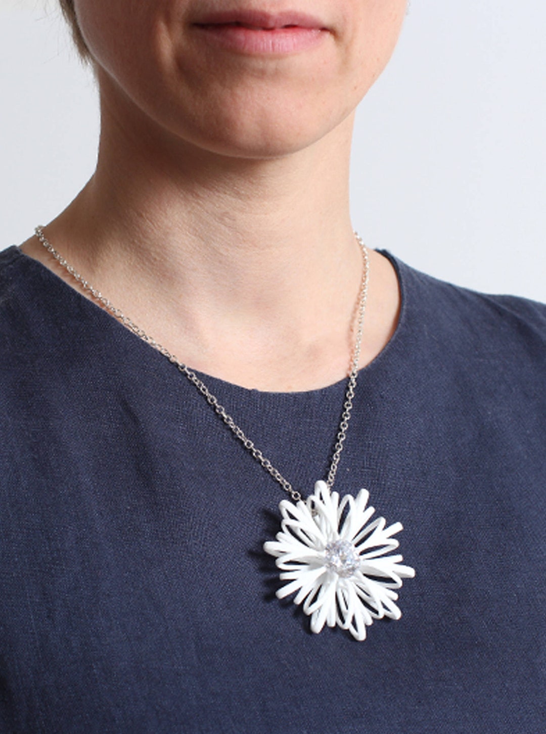 White Floral Pendant With Zirconia, White Large Pendant, Flower Design ...