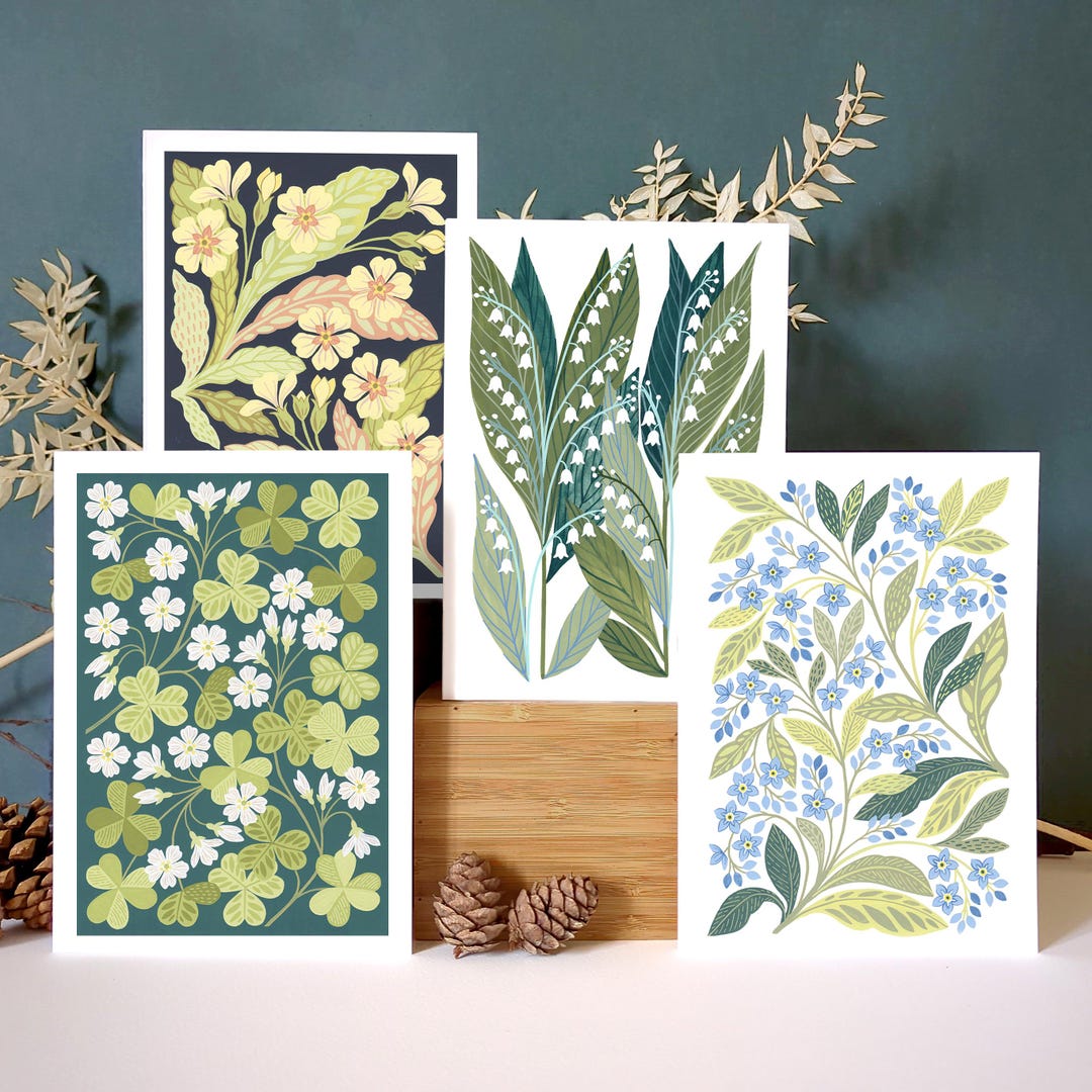Set of 4 Botanical Greetings Cards | Pack of Flower Cards Blank Inside ...