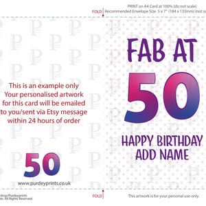 Printable Personalised Fab at 50 Card, Printable Fab at 50 Card, Add ...