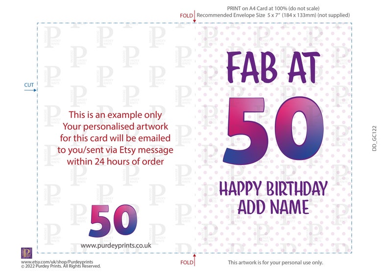 Printable Personalised Fab at 50 Card Printable Fab at 50 - Etsy
