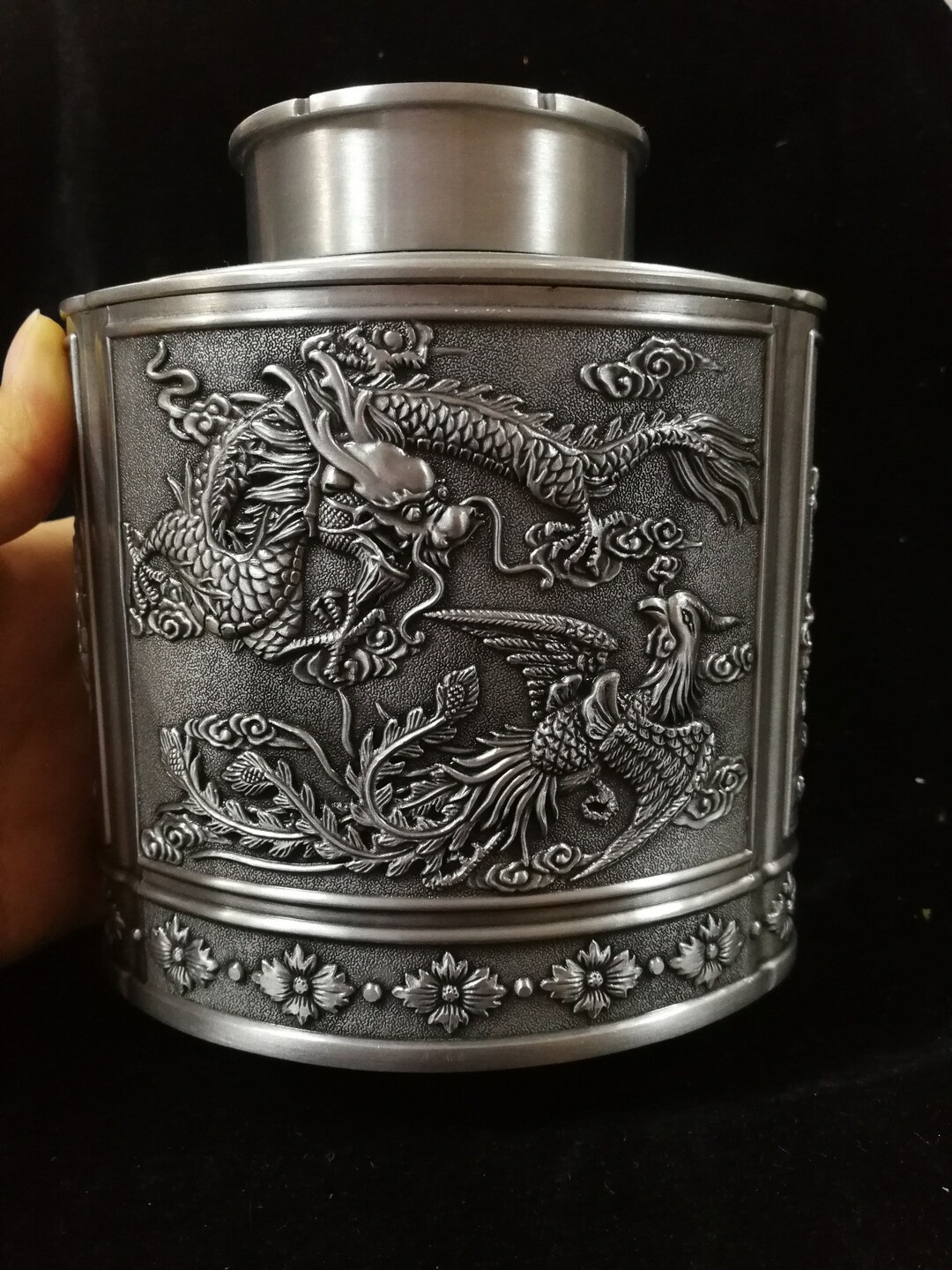 Elliptic Brass Antique Chinese Dragon and Phoenix Tea Box With Ornate ...