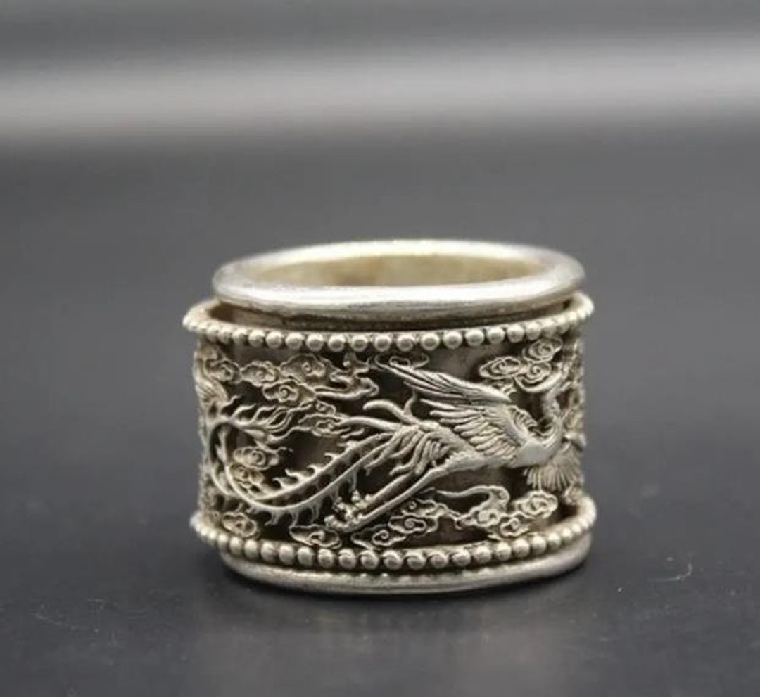 Chinese Antiques Handmade Tibetan Silver Dragon Phoenix Ring，wedding ...
