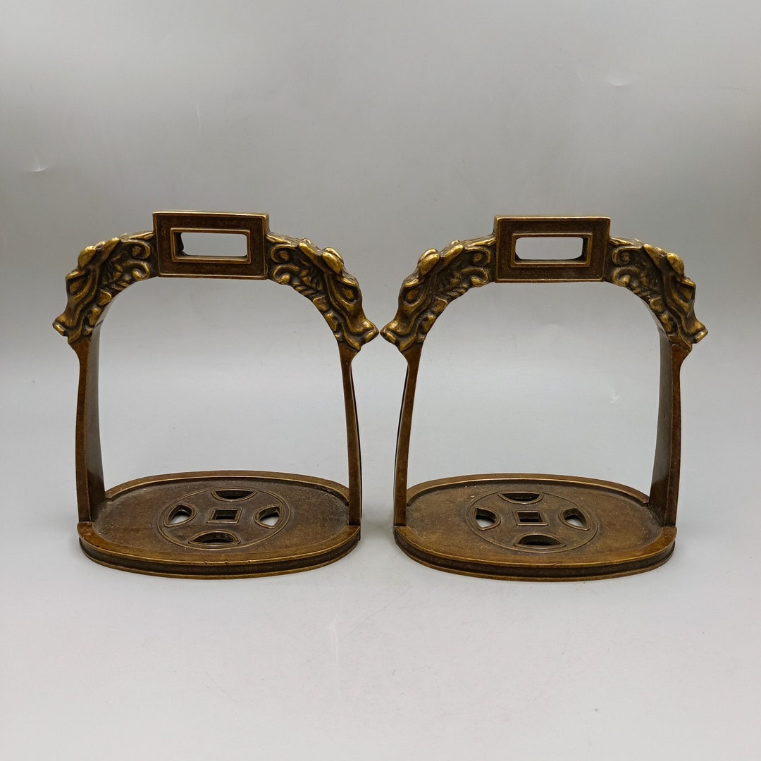 Chinese Antique Handmade Carved Copper Dragon Head and Stirrup a Pair ...