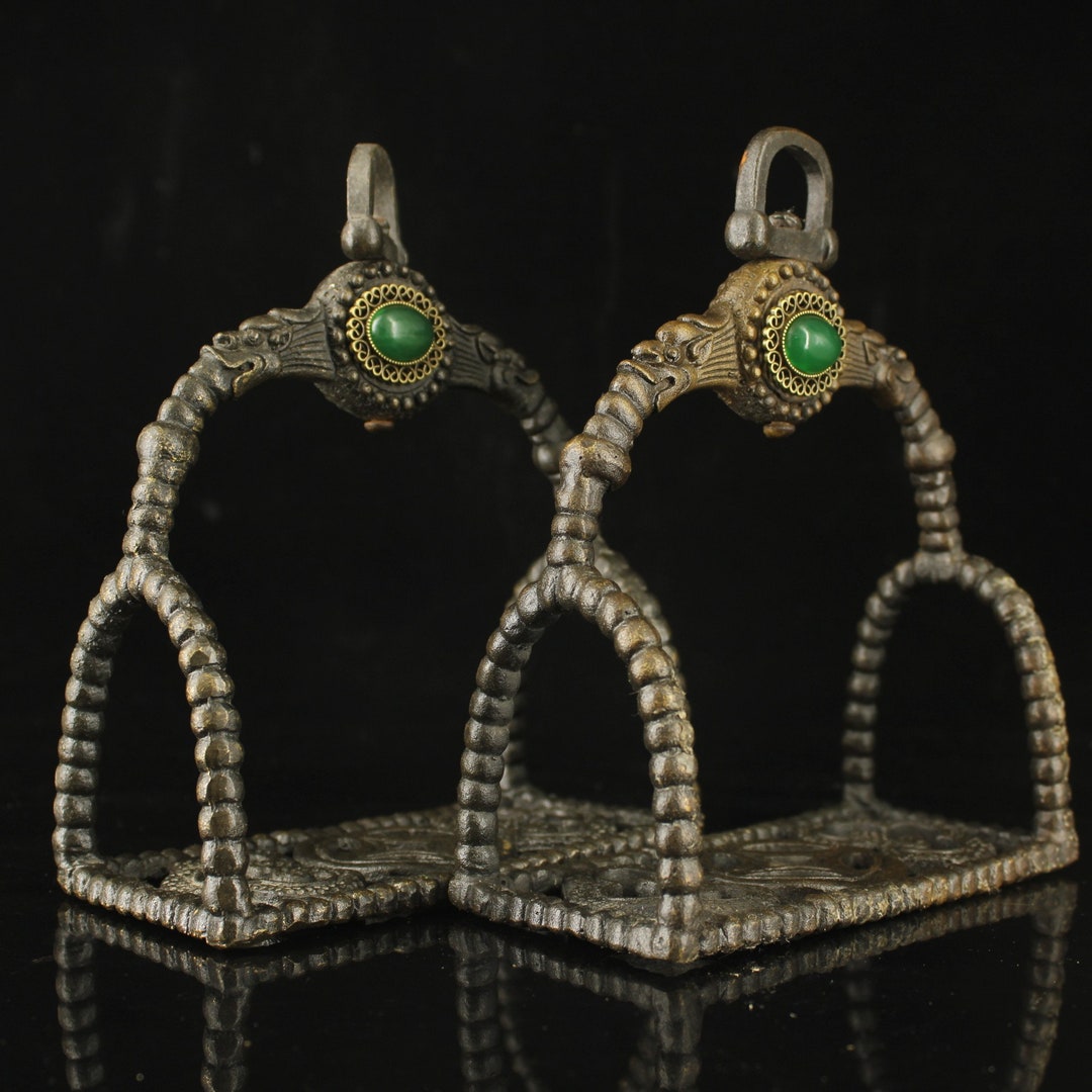 Copper Inlaid Gemstone Stirrups a Pair, Chinese Antiques, Hand Carved ...