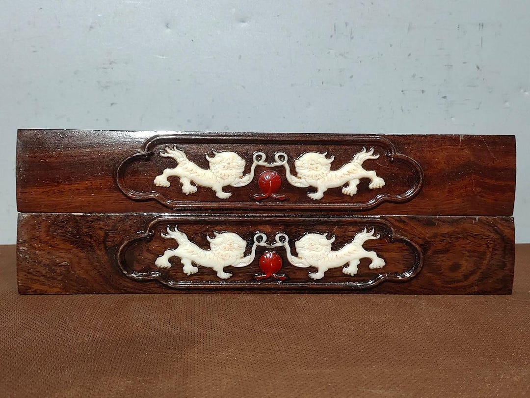 Collect a Pair of Handmade Carved Rosewood Inlaid Jade Paper Weight ...