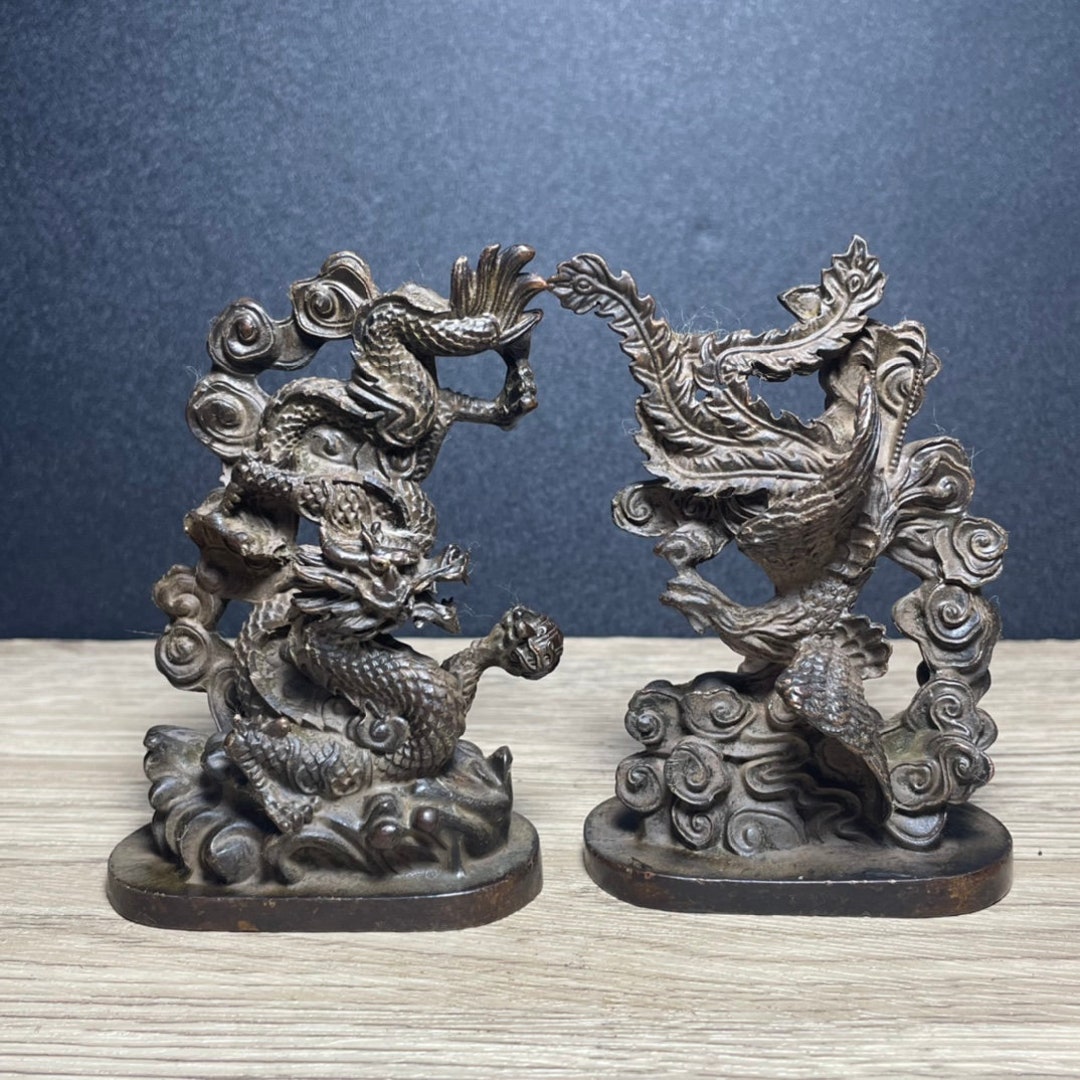A Pair of Hand Carved Copper Dragon and Phoenix Statues, Exquisite and ...