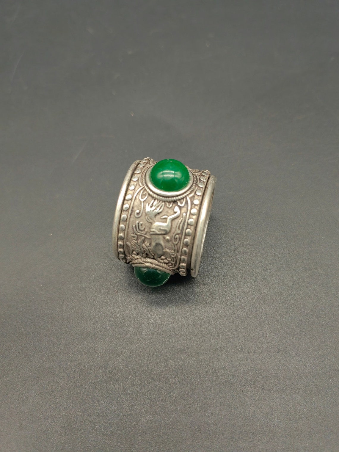 Handcarved Tibetan Silver Inlaid Jade Ring With Exquisite Kirin Pattern ...