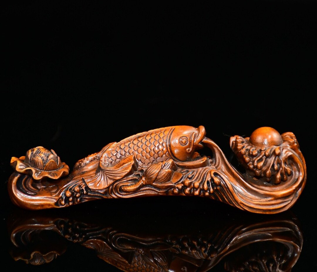 Chinese Handmade Carved Natural Boxwood Fish Ruyi/pen Holder Statue ...