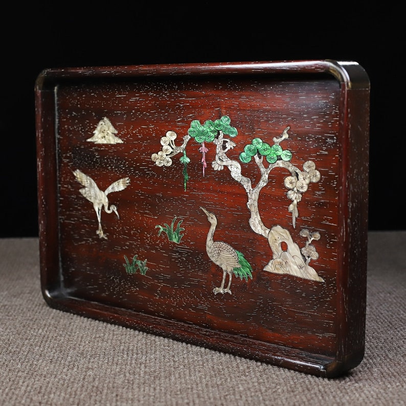 Chinese Treasured Red Acid Branch Wood Inlaid Shell Tea Plate Tray ...