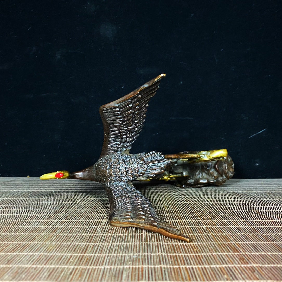 Chinese Antique Hand-carved Copper Gilded Red Crowned Crane Statue ...