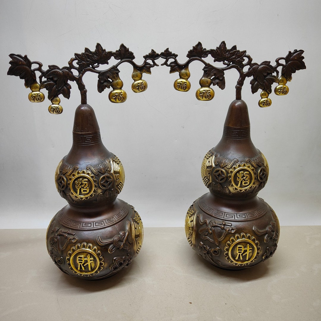 Chinese Handmade Carved Copper Gourd Statue Ornaments a Pair,copper ...