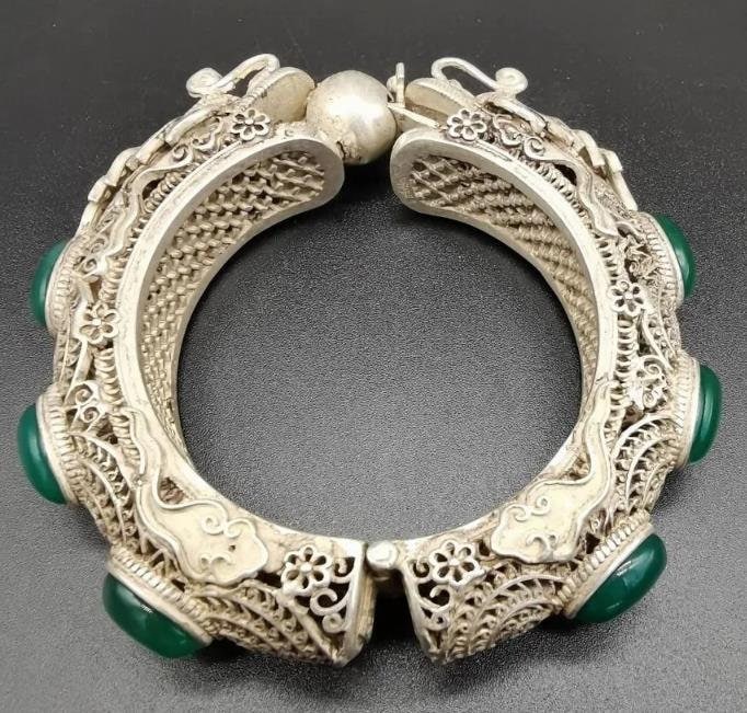 Chinese Antiques Handmade Tibetan Silver Inlaid Jade Bracelet，wedding ...