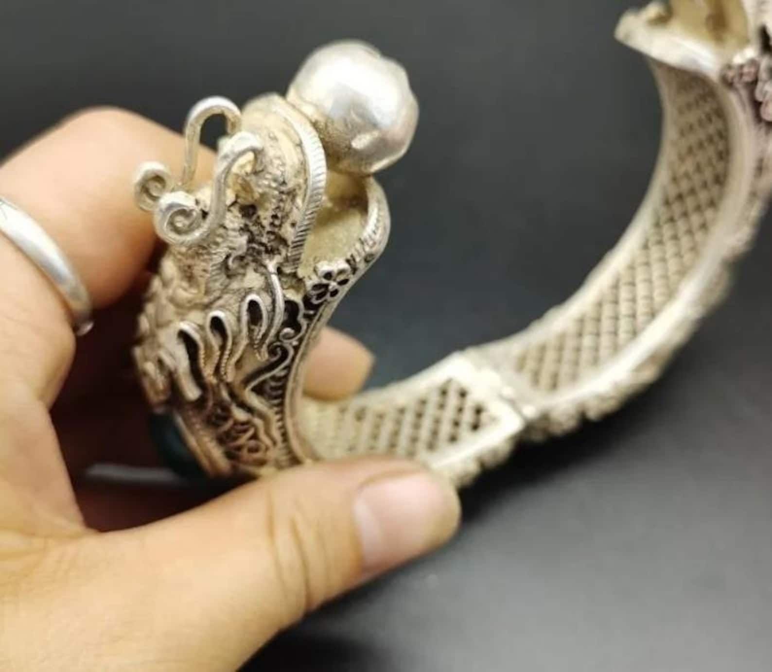 Chinese Antiques Handmade Tibetan Silver Inlaid Jade Bracelet，wedding ...