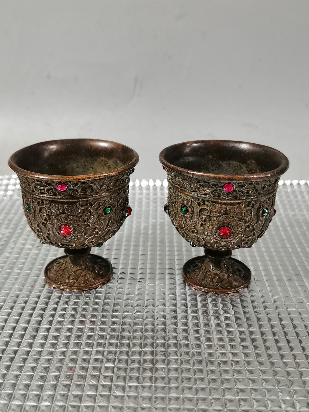Chinese Handmade Carved Copper Inlaid Gemstone Wine/tea Cups a Pair ...