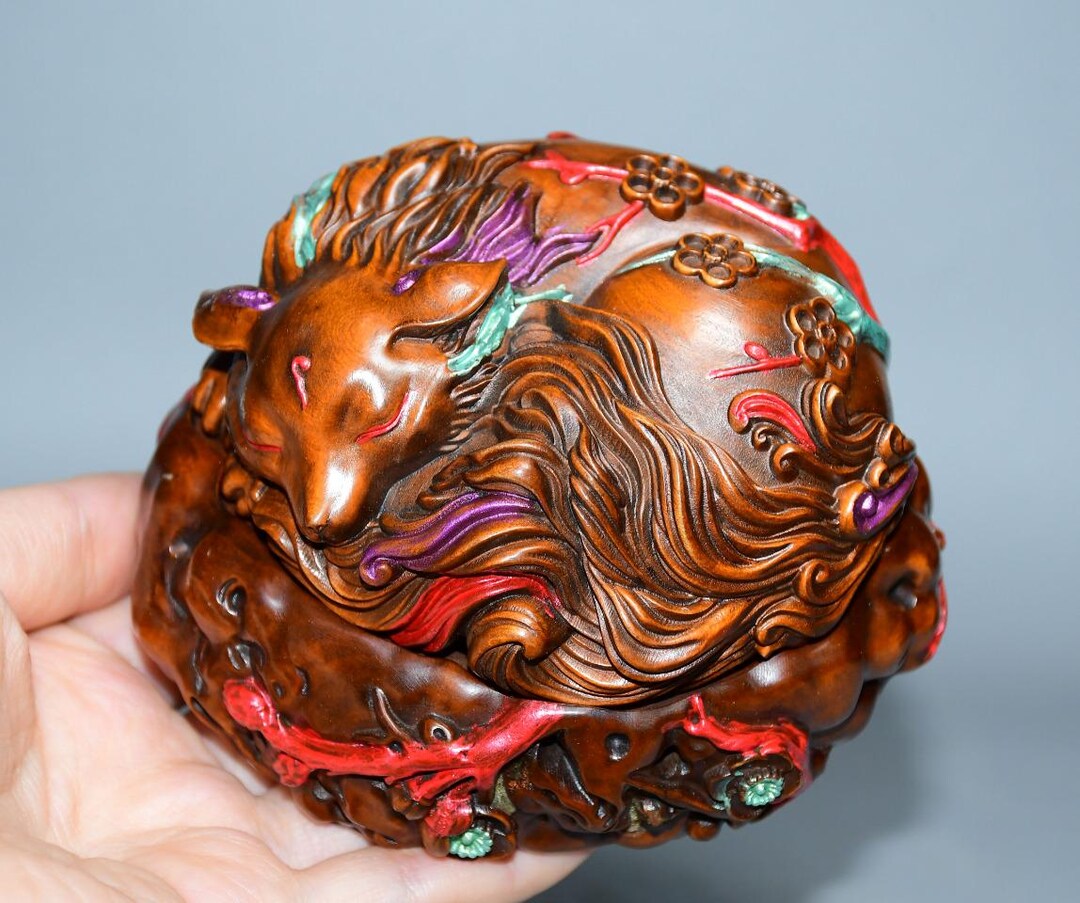 Chinese Handmade Natural Boxwood Painted Fox Incense Burner Ornament ...