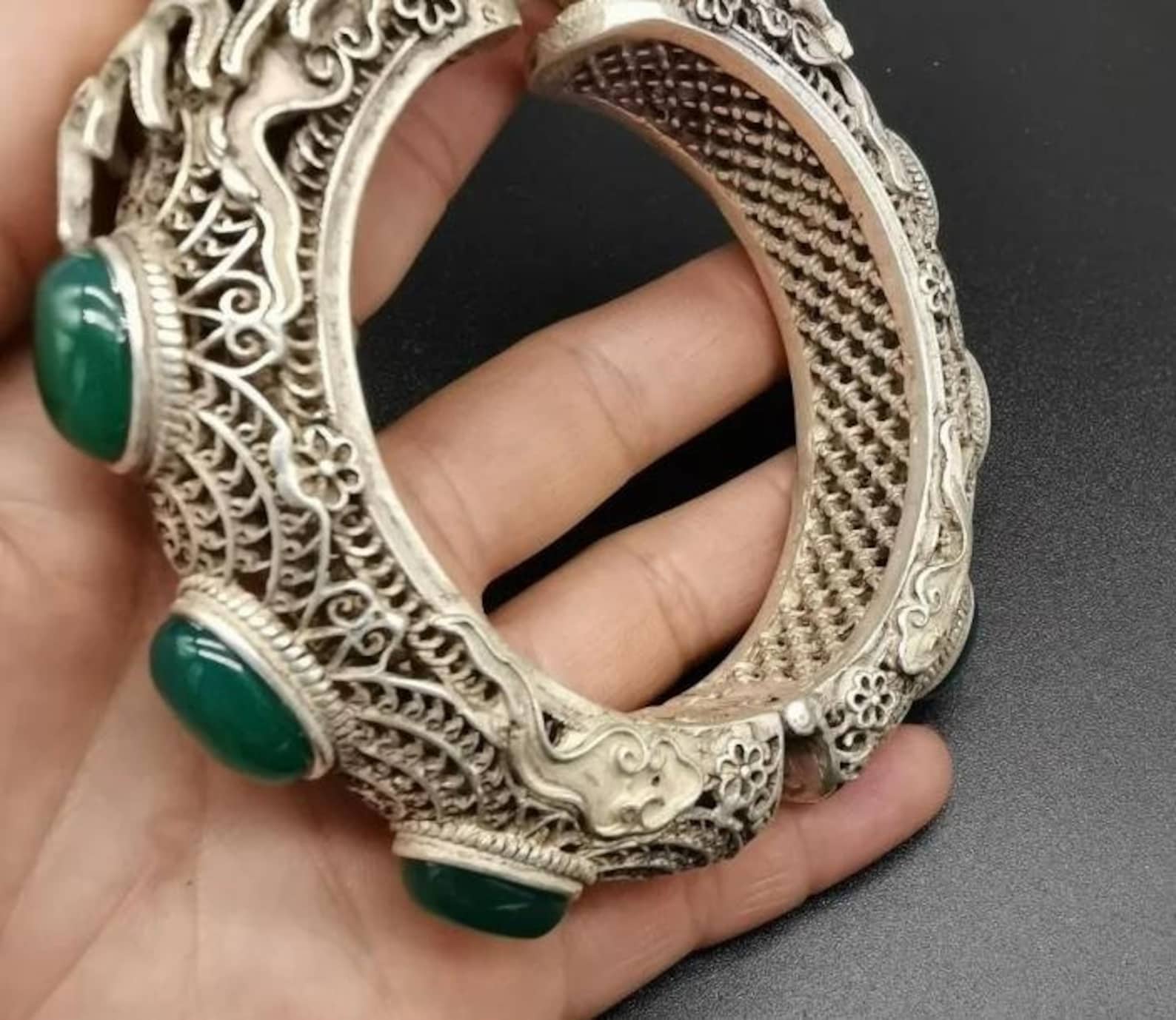 Chinese Antiques Handmade Tibetan Silver Inlaid Jade Bracelet，wedding ...