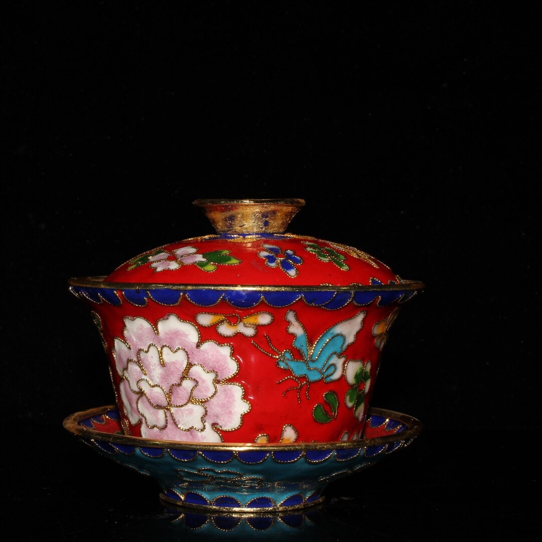 Chinese Handcrafted Cloisonne Shredded Peony Flower Cover Bowl Tea Bowl ...