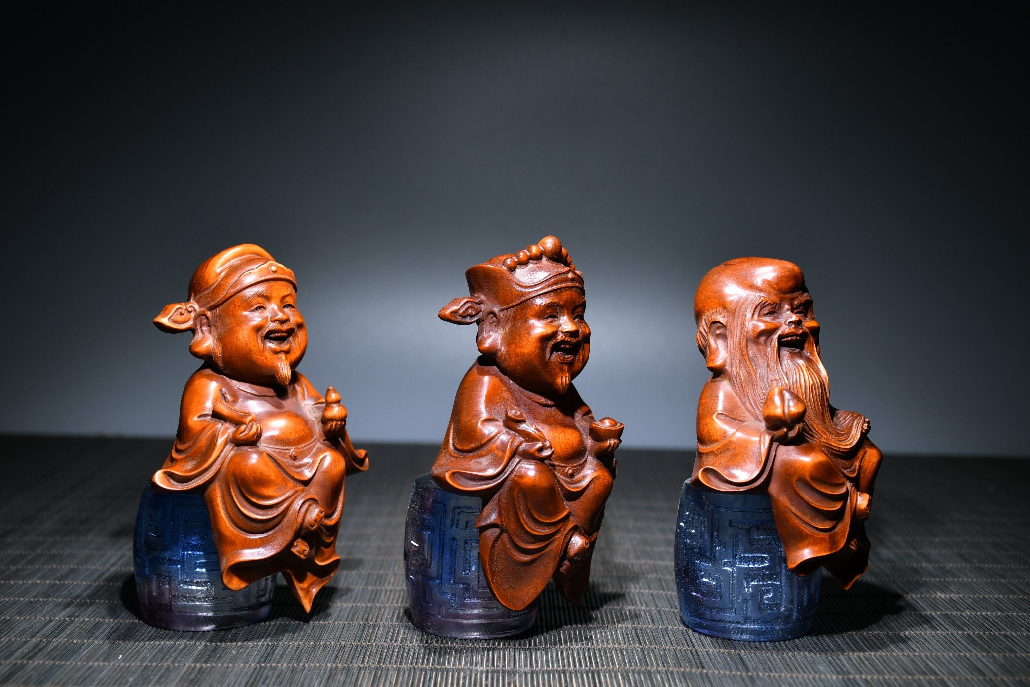 Boxwood Fulushou Statue Decorations a Set，handcrafted, Tabletop ...