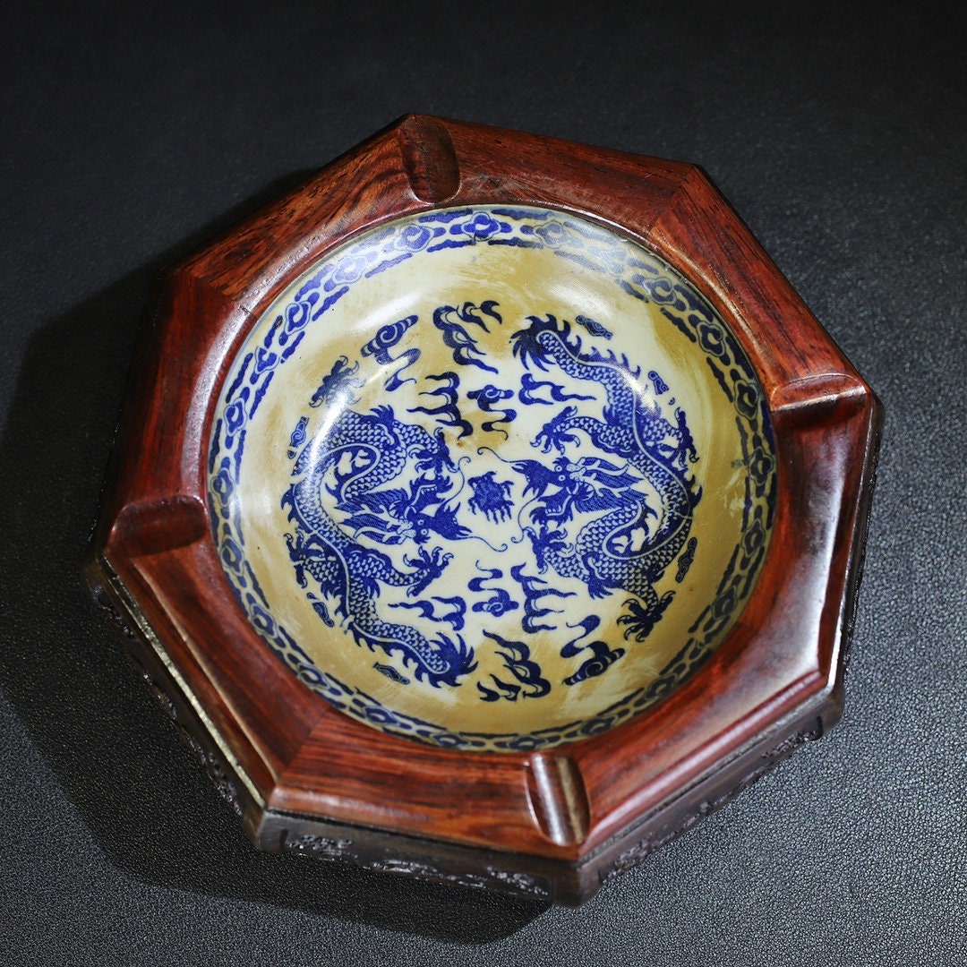 Rosewood Inlaid Blue and White Dragon Octagonal Pen Wash,hand Carved ...