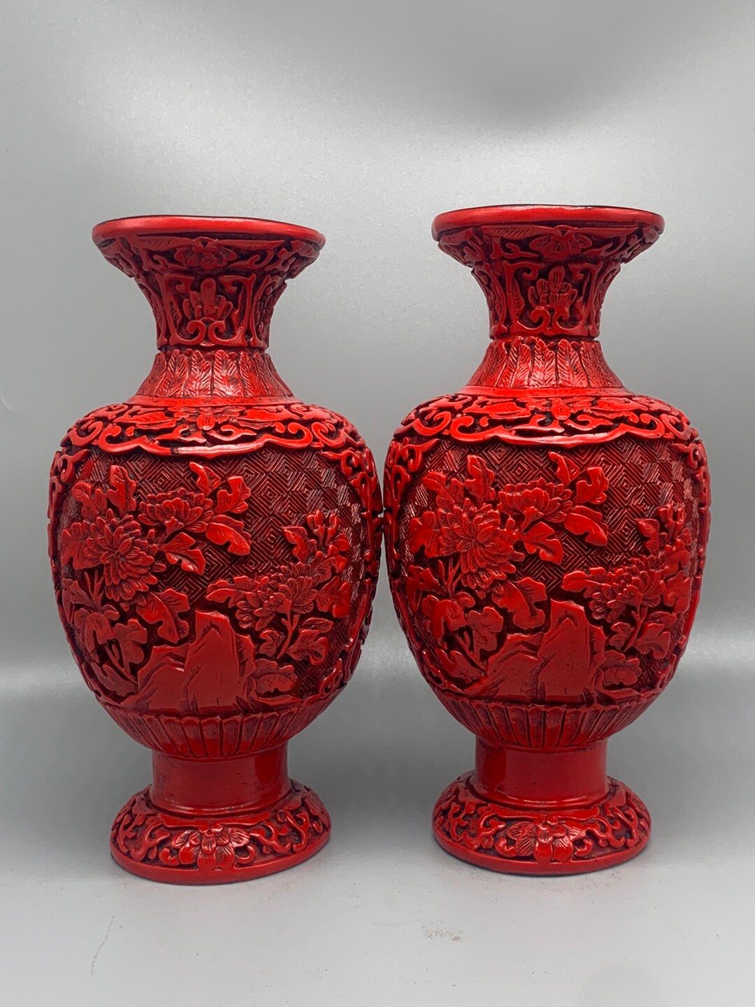 Chinese Handmade Carved Lacquerware Flower Vase Ornaments a Pair ...