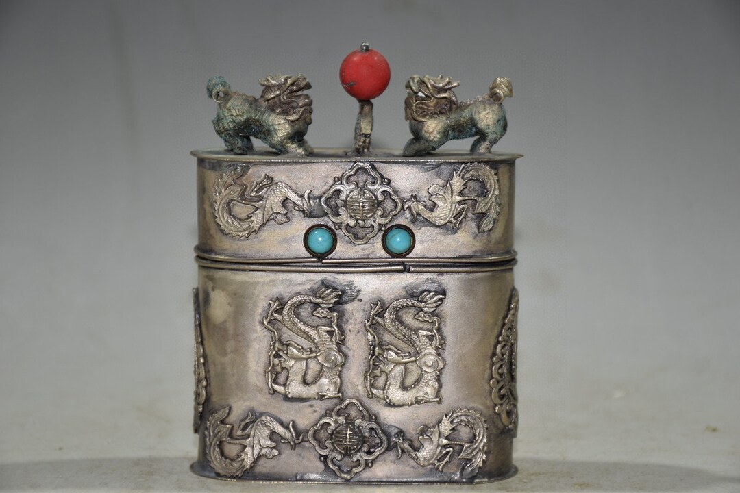 Chinese Collection Tibetan Silver Inlaid Green Pine Gemstone Lion ...