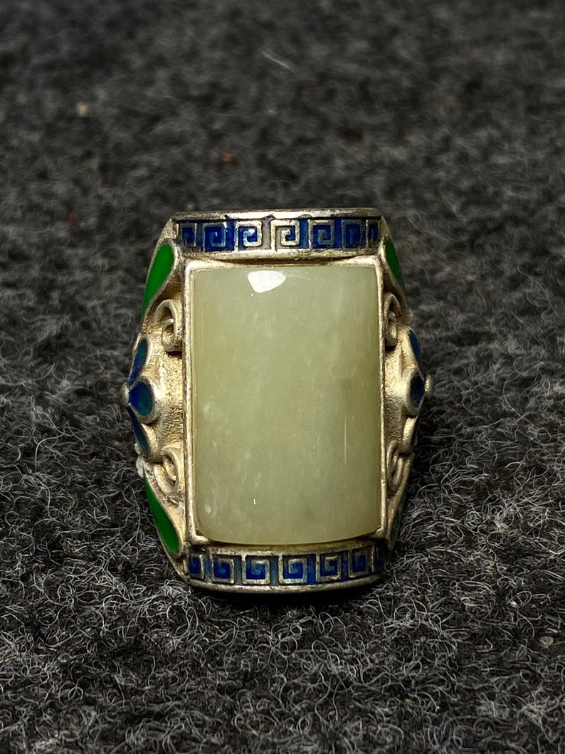 Tibetan Silver Inlaid Jade Ring, Exquisite Gift, Adjustable, Give Him ...