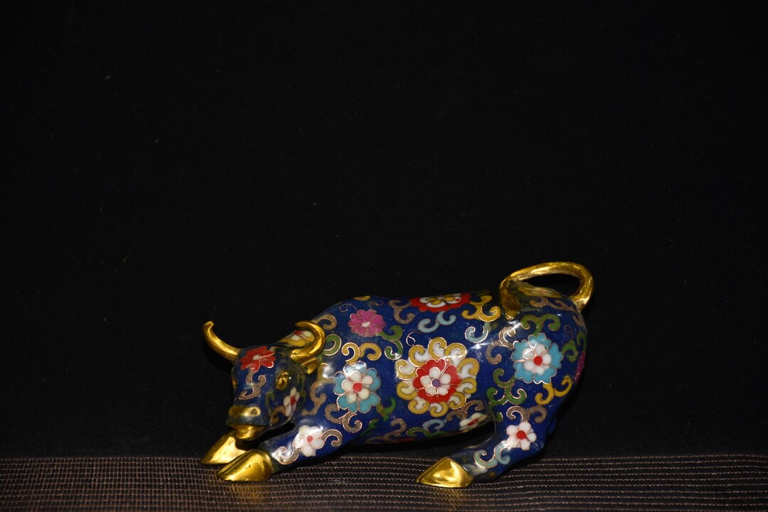 Cloisonne Blue Bull Statue Ornament，copper Ornaments,hand Carved,unique ...