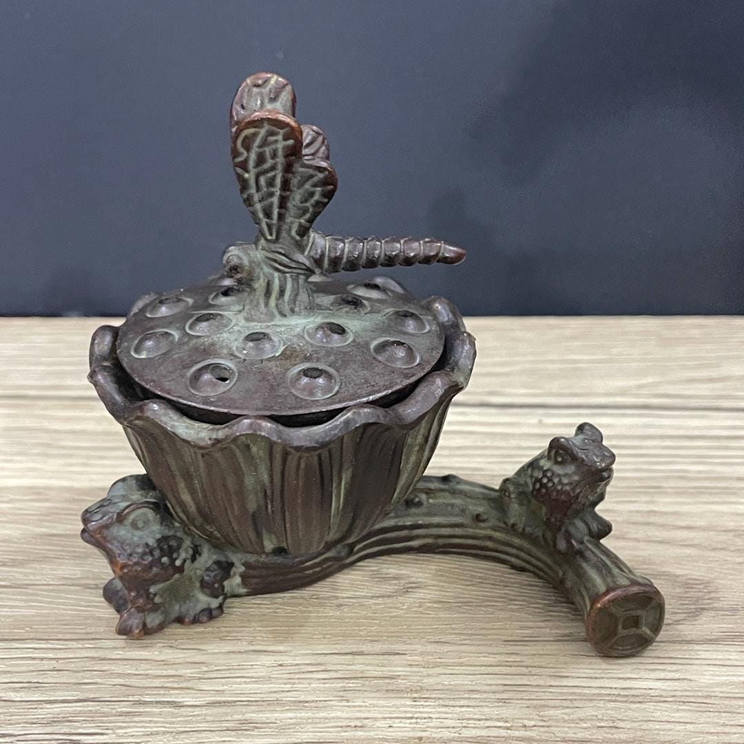 Hand Carved Copper Dragonfly Lotus Pod Statue Incense Burner Ornament ...