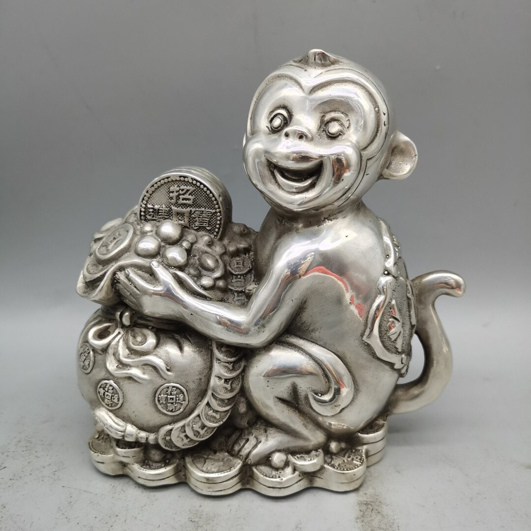 Chinese Handmade Carved Tibetan Silver Monkey Statue Ornaments, Zodiac ...
