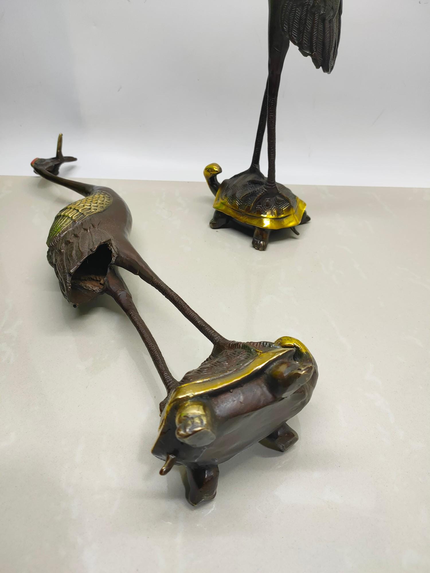 A Unique Pair of Handmade Carved Copper Turtle Crane Statues Collected ...