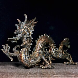Chinese Antique Handmade Carved Pure Copper Five Clawed Dragon Statue ...