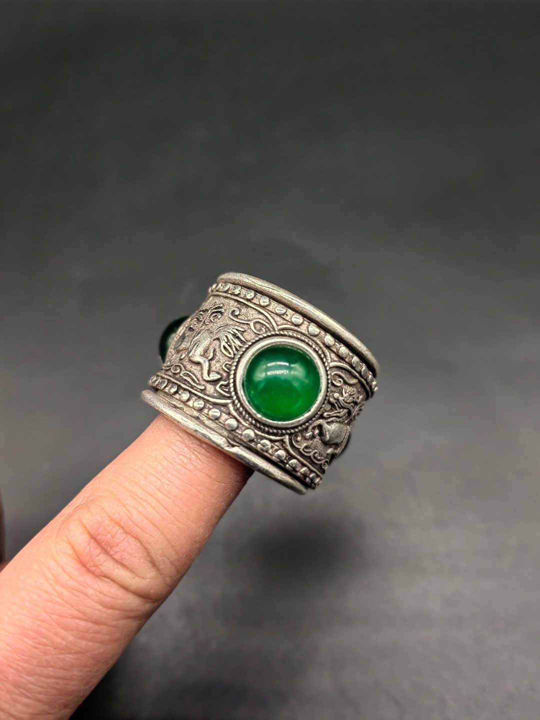 Handcarved Tibetan Silver Inlaid Jade Ring With Exquisite Kirin Pattern ...