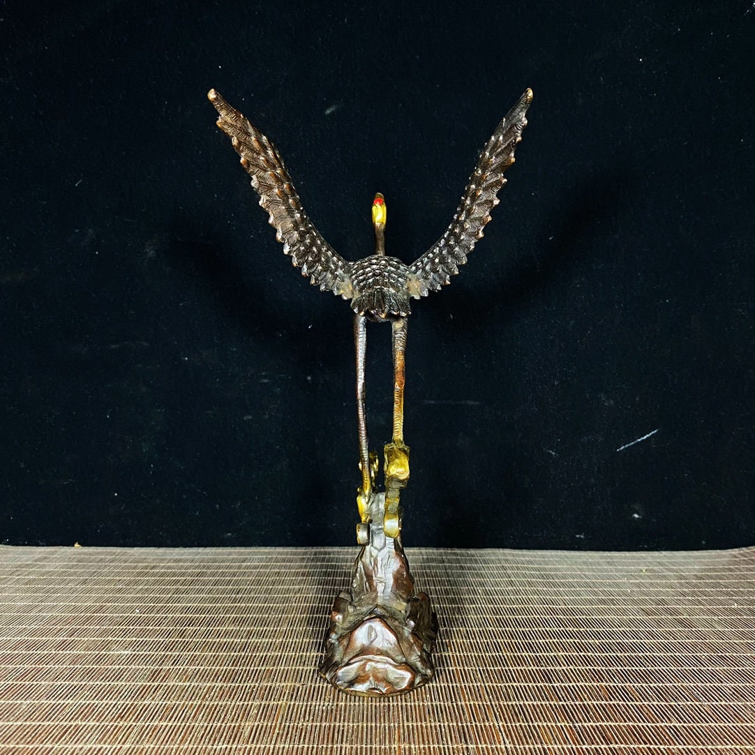 Chinese Antique Hand-carved Copper Gilded Red Crowned Crane Statue ...
