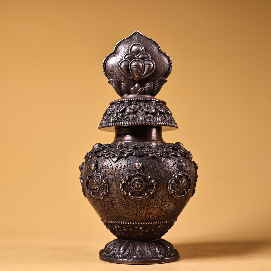 Hand Carved Copper Eight Treasure Pattern Sealed Jar, Desktop ...