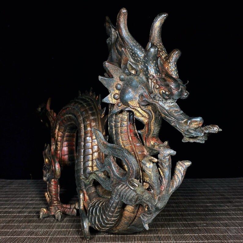 Chinese Antique Handmade Carved Pure Copper Five Clawed Dragon Statue ...