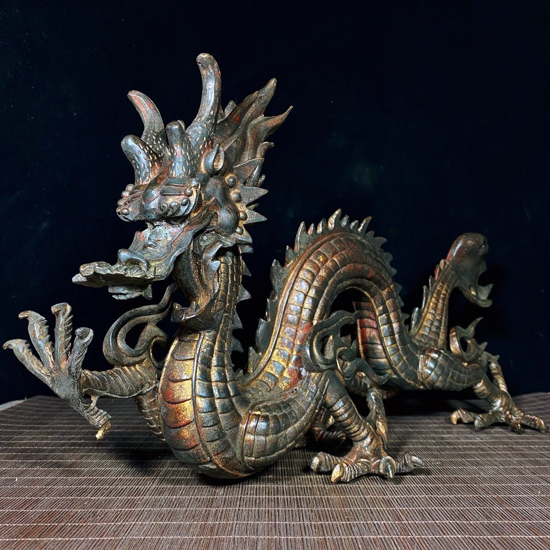 Chinese Antique Handmade Carved Pure Copper Five Clawed Dragon Statue ...