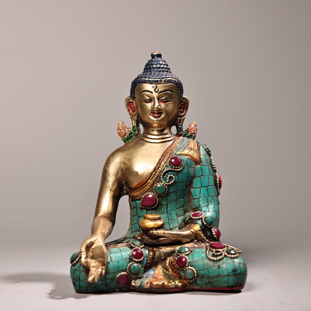 Chinese Handmade Carved Copper Inlaid Gemstone Buddha Statue of ...