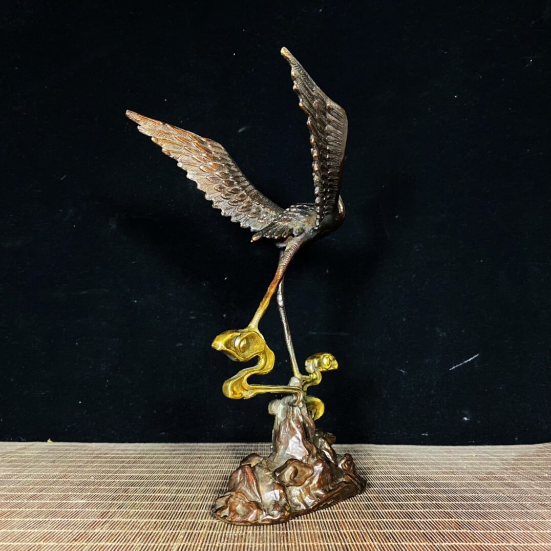 Chinese Antique Hand-carved Copper Gilded Red Crowned Crane Statue ...