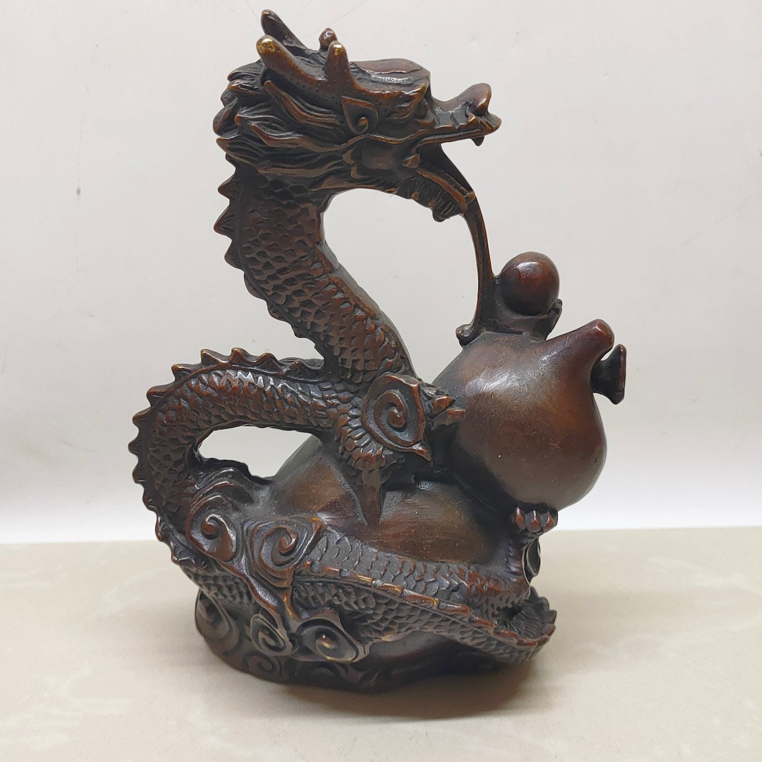 Chinese Antique Handmade Carved Copper Gourds and Dragon Sculptures ...