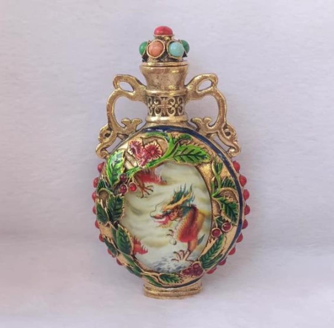 Chinese Handmade Copper Inlaid Gemstone Dragon Pattern Snuff Bottle ...
