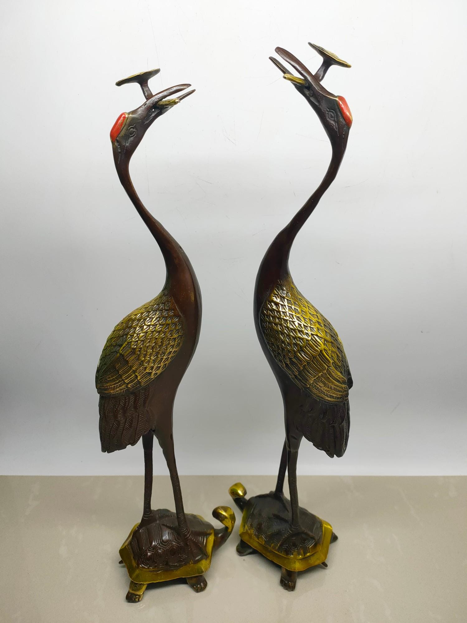 A Unique Pair of Handmade Carved Copper Turtle Crane Statues Collected ...