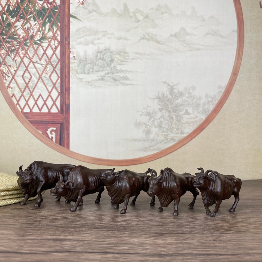 Handcarved Copper Five Ox Statue Ornaments, Zodiac Bull, Tea Pet, Rare ...