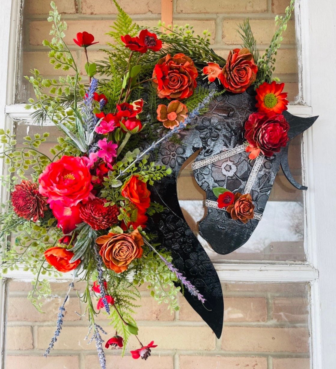 Black Friesian Spring & Summer Red Wood Flower Horse Head Wall | Etsy